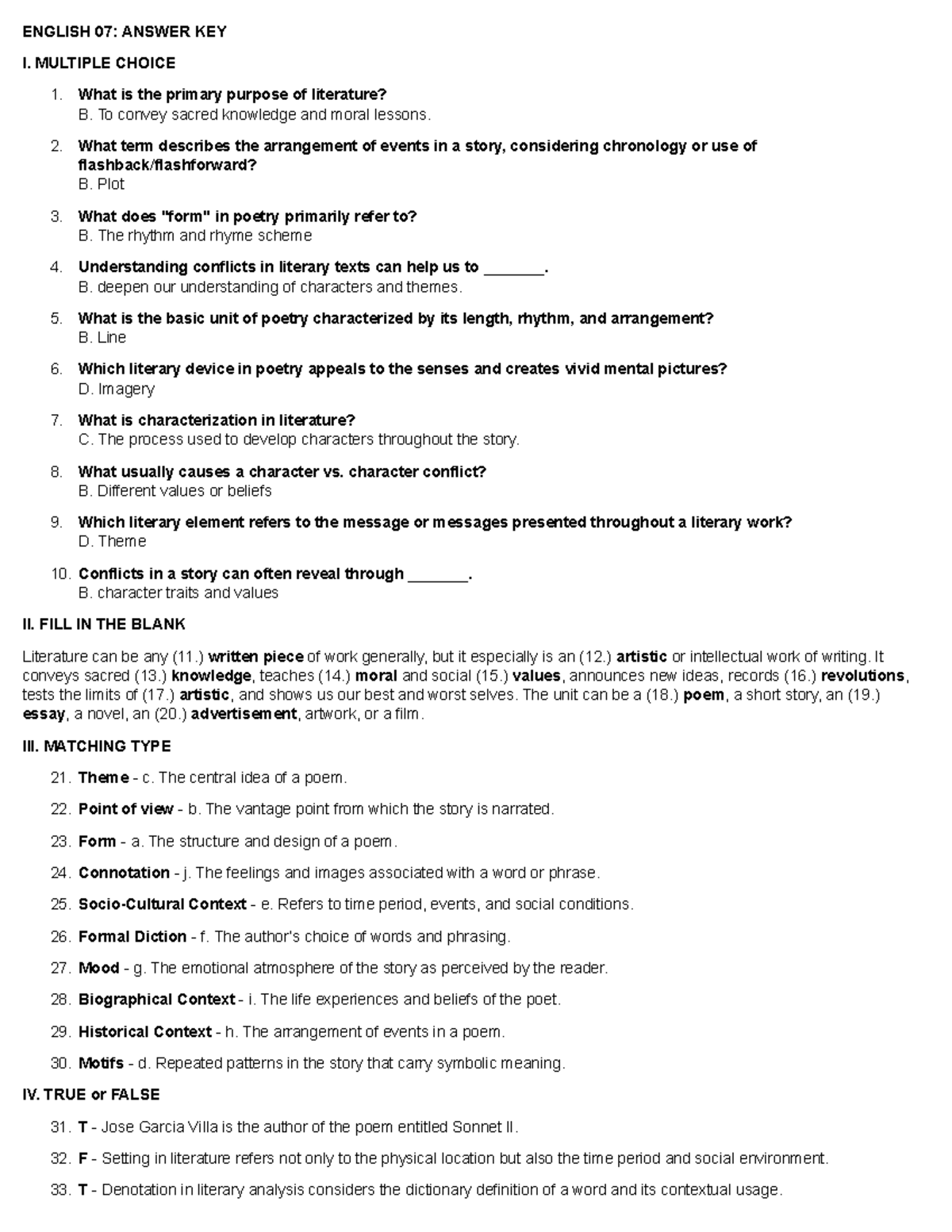 Answer KEY Monthly EXAM - ENGLISH 07: ANSWER KEY I. MULTIPLE CHOICE ...