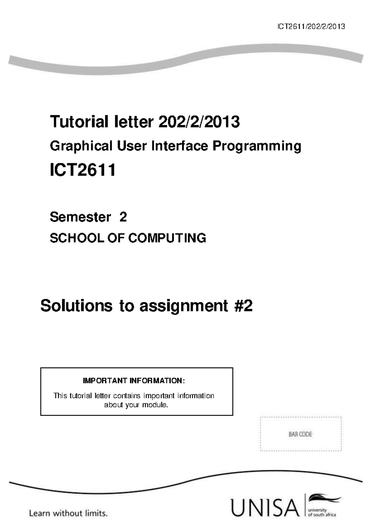 ICT2611 Solutions to assignment #2 - ICT2611/202/2/ Tutorial letter 202/2/ Graphical User ...