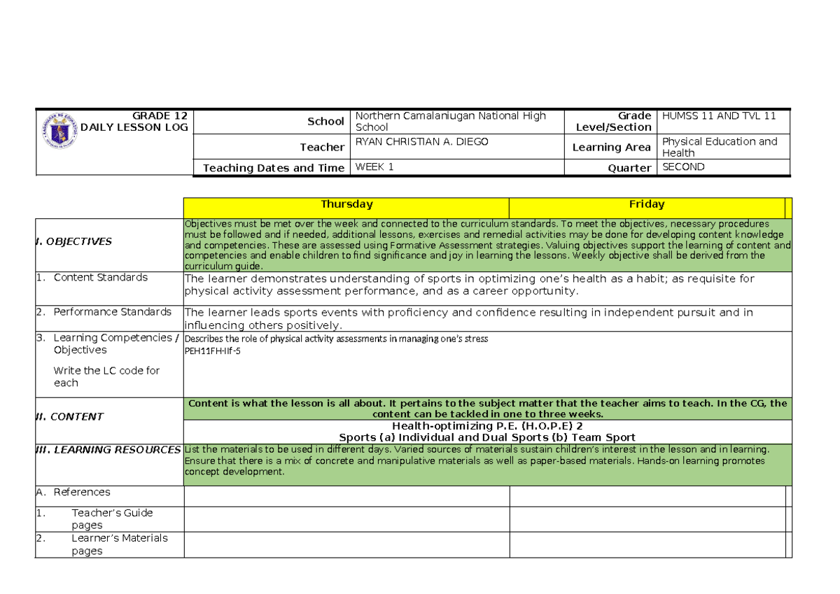 Hope-Hess 11 A- DLL1 Second Sem Q3 - GRADE 12 DAILY LESSON LOG School ...
