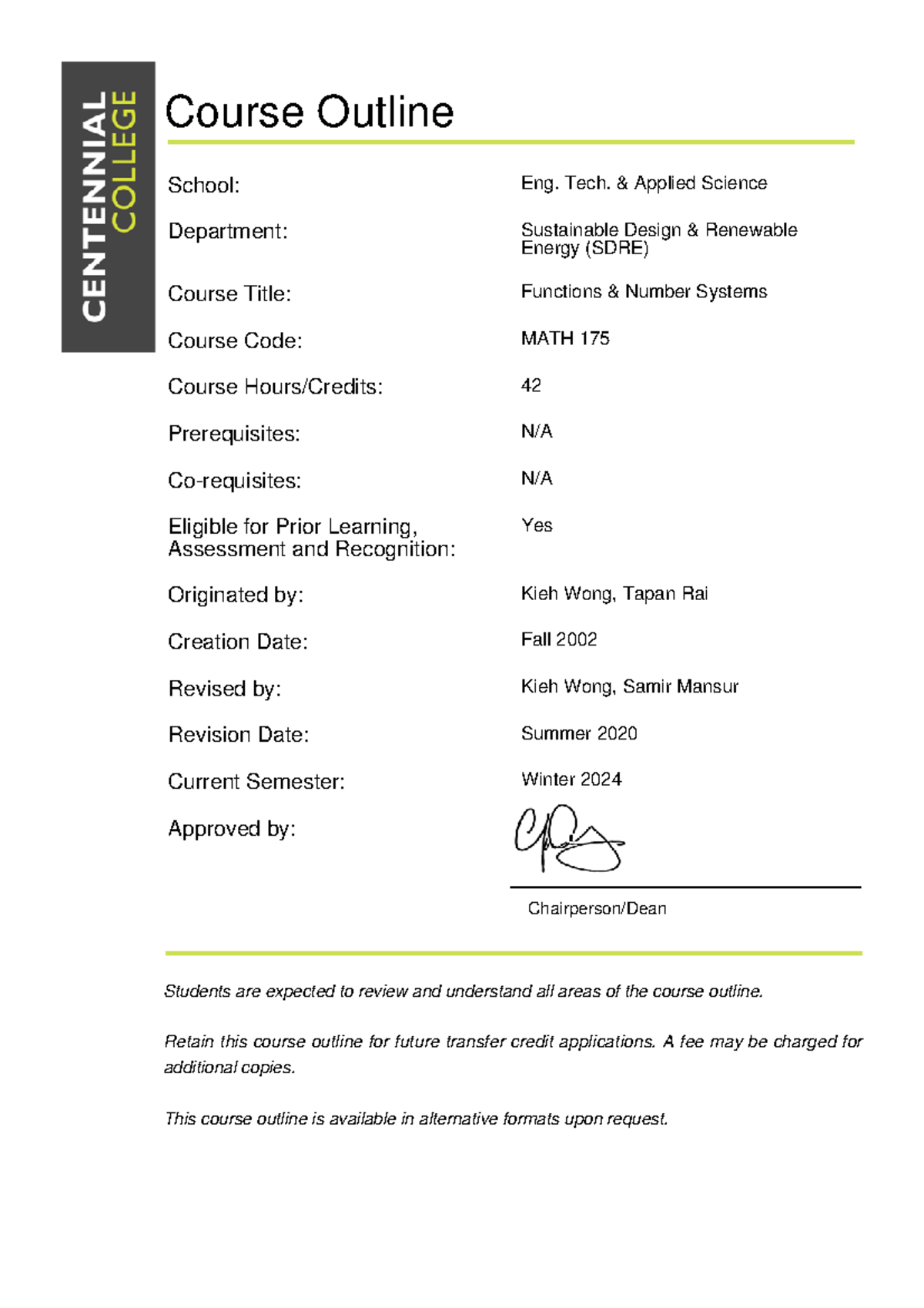 Course Outline Mathematics - Course Outline Chairperson/Dean Students ...