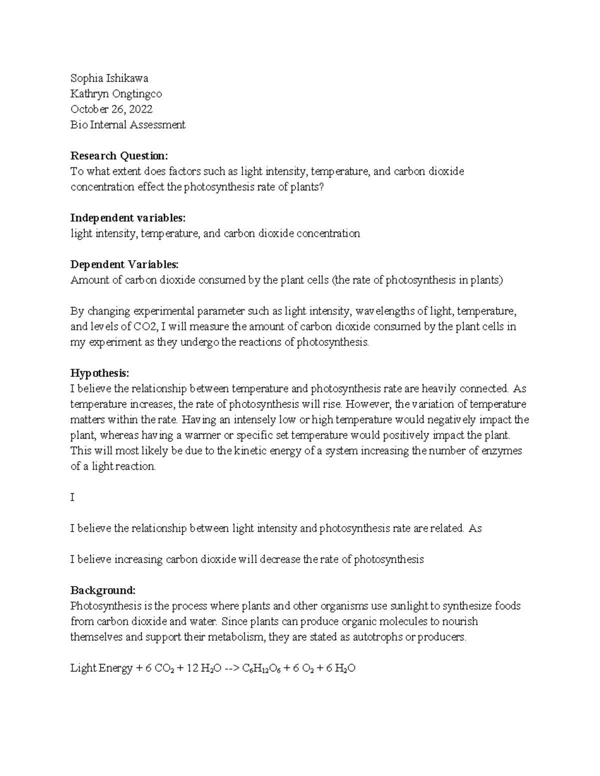 Bio IA - Biology IA for final - Sophia Ishikawa Kathryn Ongtingco ...
