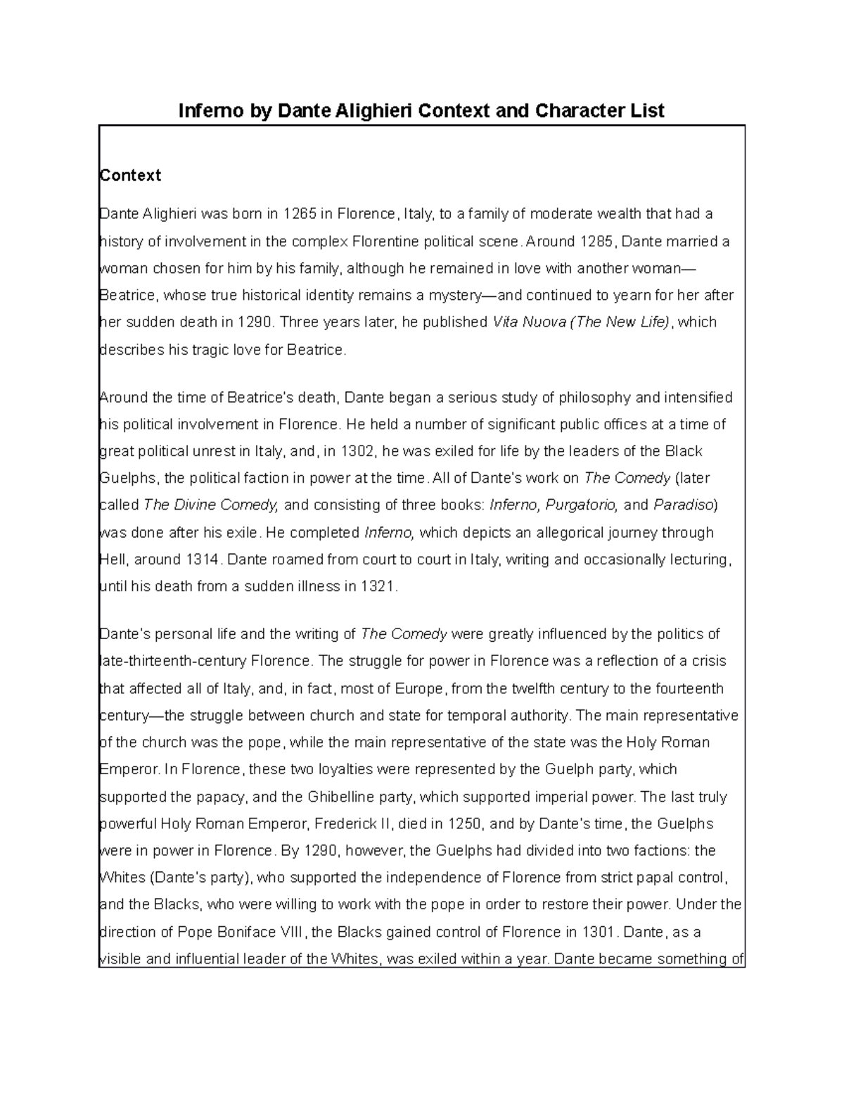 Inferno by Dante Alighieri Context and Character List - Around 1285 ...