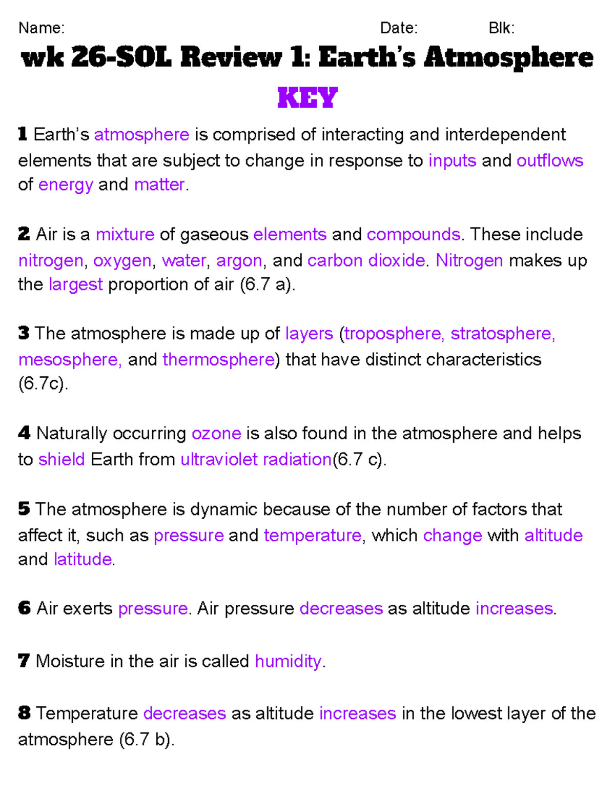 Khaleah Bates - wk 26-SOL Review 1 Earth's Atmosphere Notes - 11547019 ...