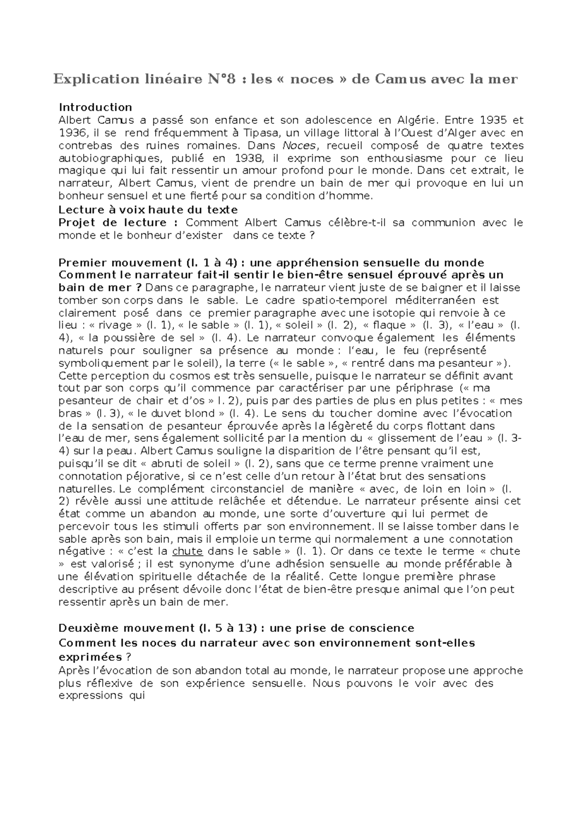 Explication linéaire N°8 Noces de Camus - Explication linéaire N°8 ...