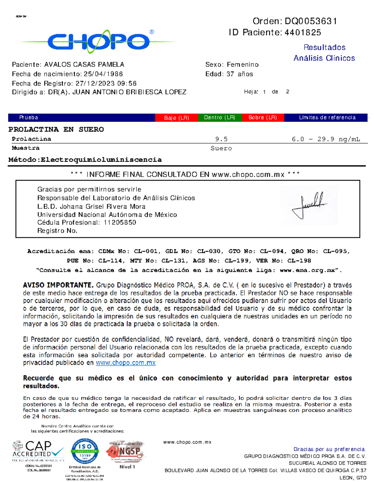 DQ53631-56394394-11151 - Paciente: Sexo: Fecha de Registro: Dirigido a ...