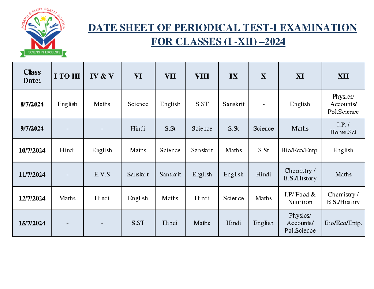 DATE Sheet 2024-2025 P.T. -I - DATE SHEET OF PERIODICAL TEST-I ...