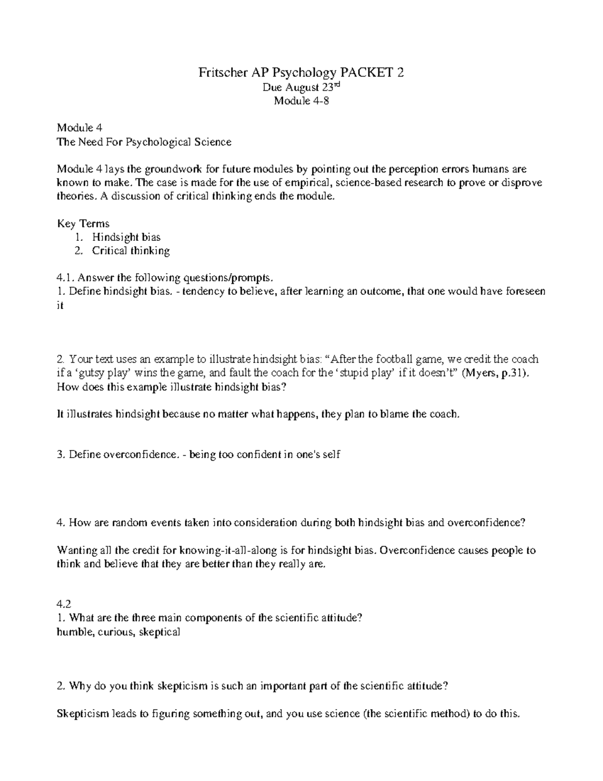 Packet 2 of life of piiii - Fritscher AP Psychology PACKET 2 Due August ...