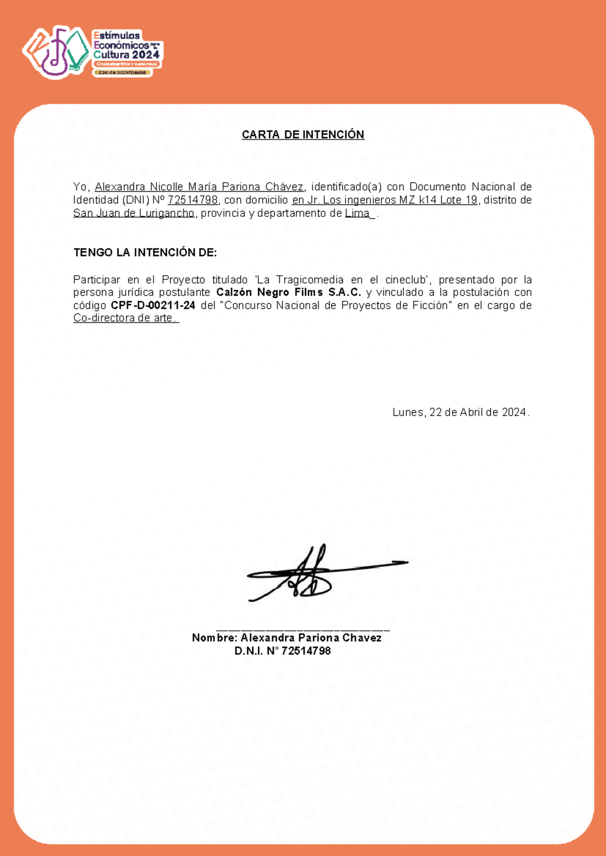 2024-CDE-Modelo Carta De Intencion - CARTA DE INTENCIÓN Yo, Alexandra ...