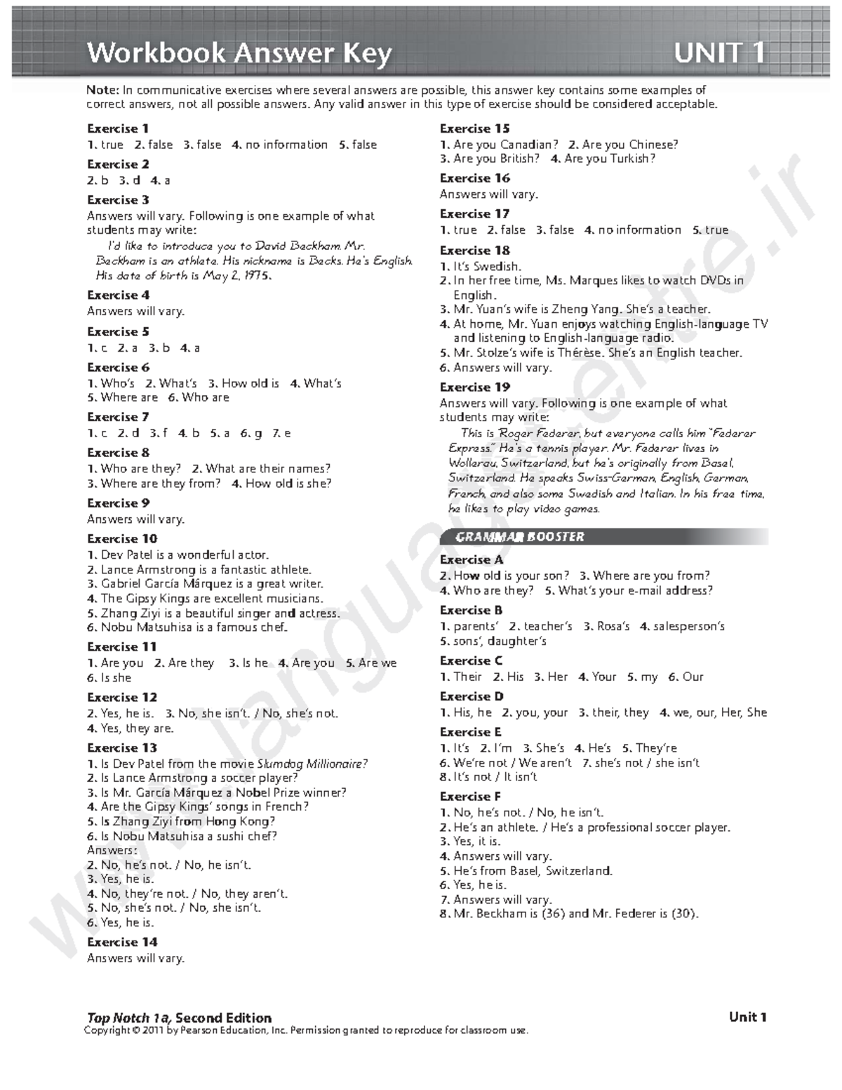 Top Notch 1a Workbook Answer Key - Second Edition - Top Notch 1D ...