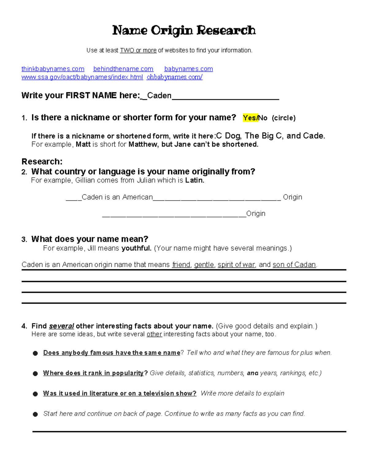Copy of Current Name Research Worksheet - Homework - Name Origin ...