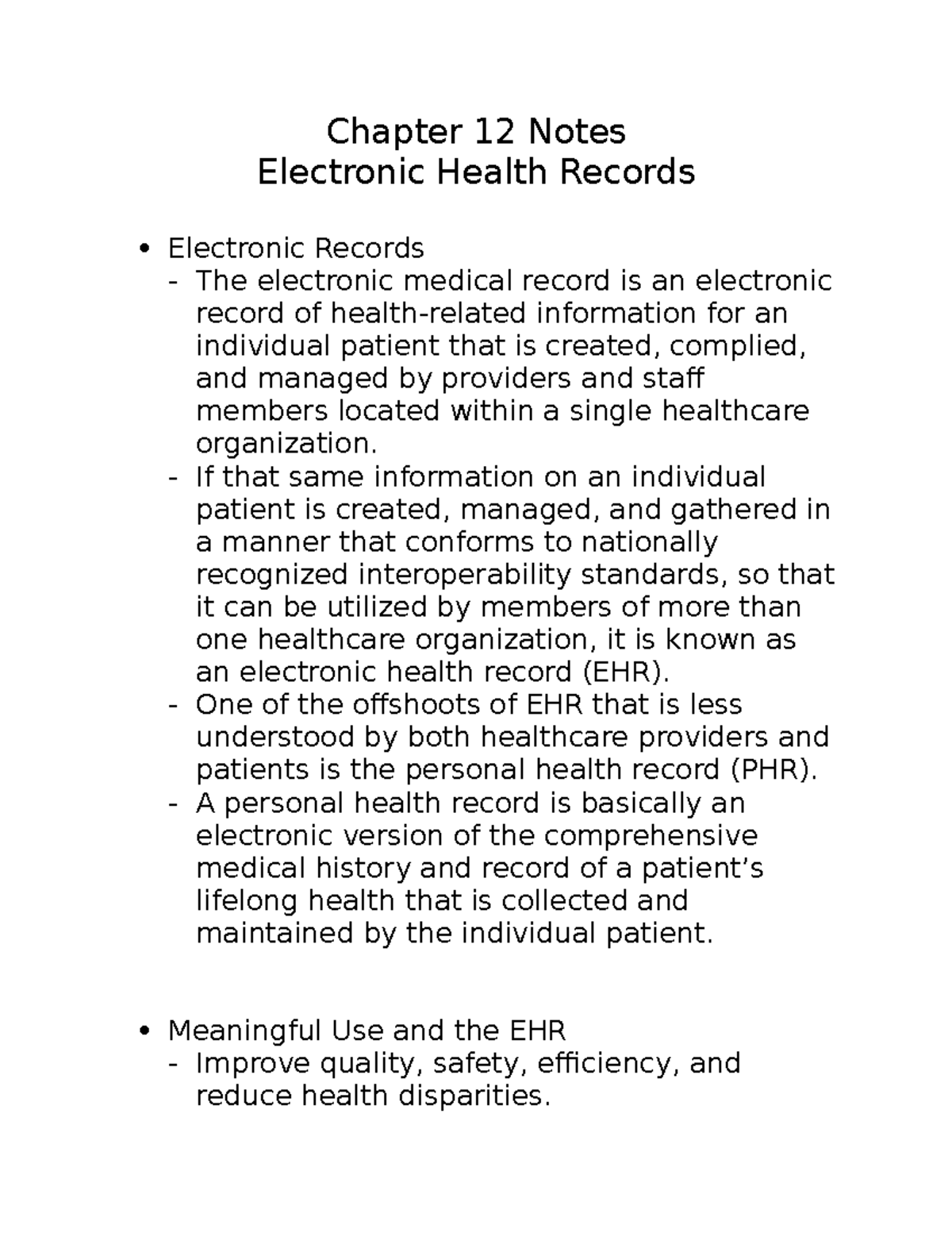 Chapter 12 Notes MOA - Chapter 12 Notes Electronic Health Records ...