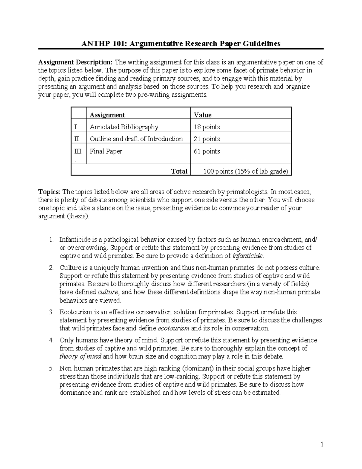 Paper Guidelines Anthp 101 - ANTHP 101: Argumentative Research Paper ...