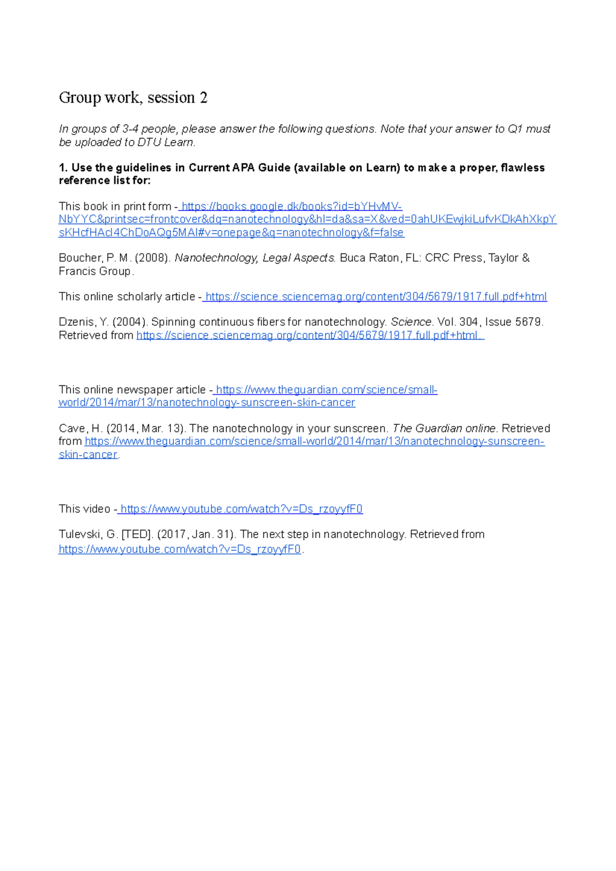 Group work Session 2 Eng1 - Group work, session 2 In groups of 3-4 ...