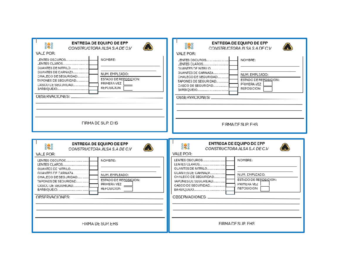 Vales DE Entrega DE EPP - Seguridad e Higiene en el trabajo - Studocu