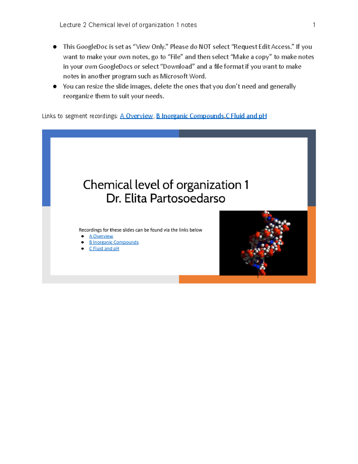 Lecture 2 Chemical level of organization 1 notes - This GoogleDoc is ...