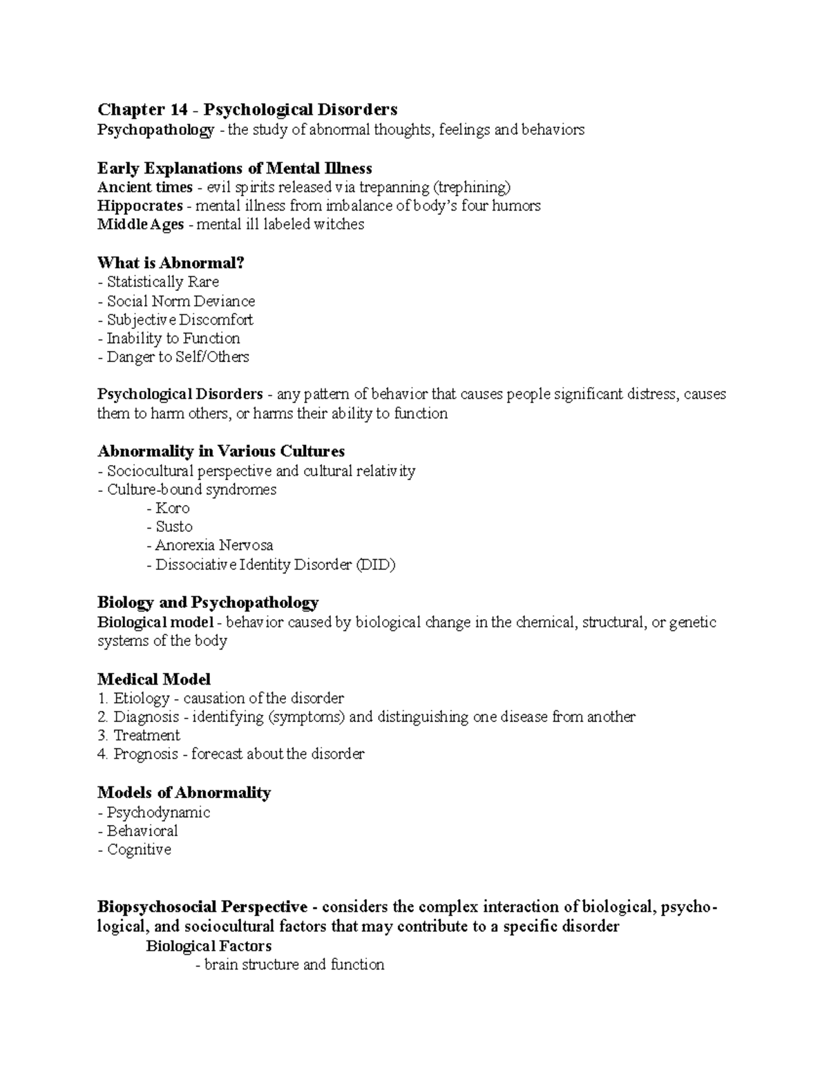 Intro to Psychology Notes (Chapter14) - Chapter 14 - Psychological ...