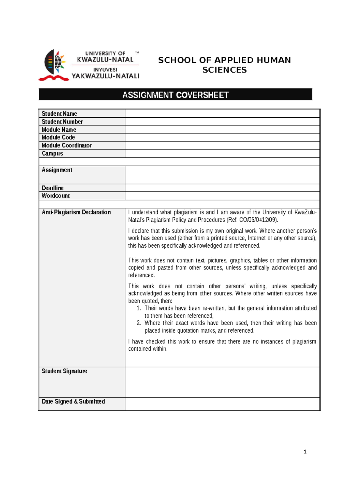 Assignment Cover Page - crim - SCHOOL OF APPLIED HUMAN SCIENCES ...