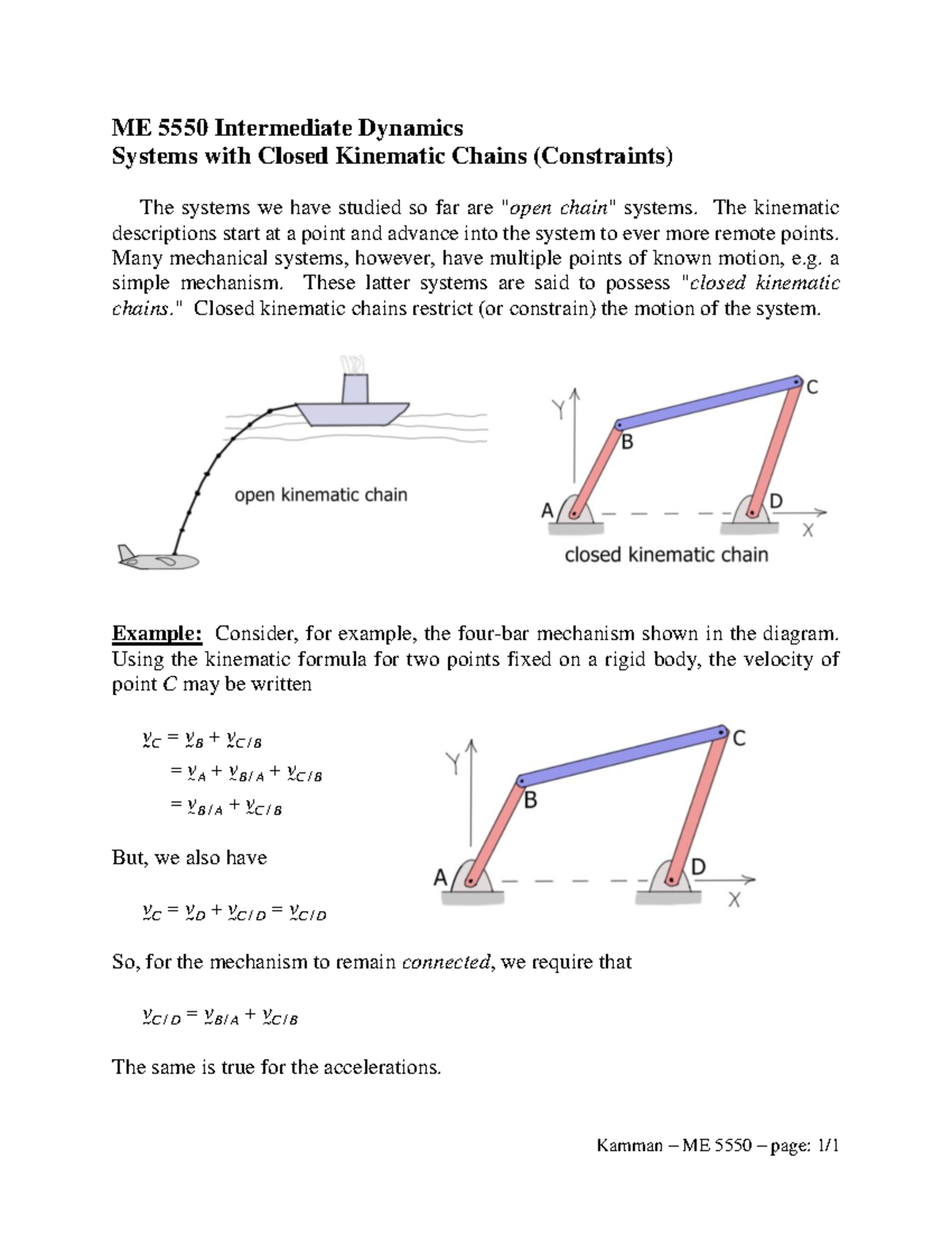 Me555Closed Kinematic Chains - Kamman – ME 5550 – page: 1/ ME 5550 Intermediate Dynamics Systems ...