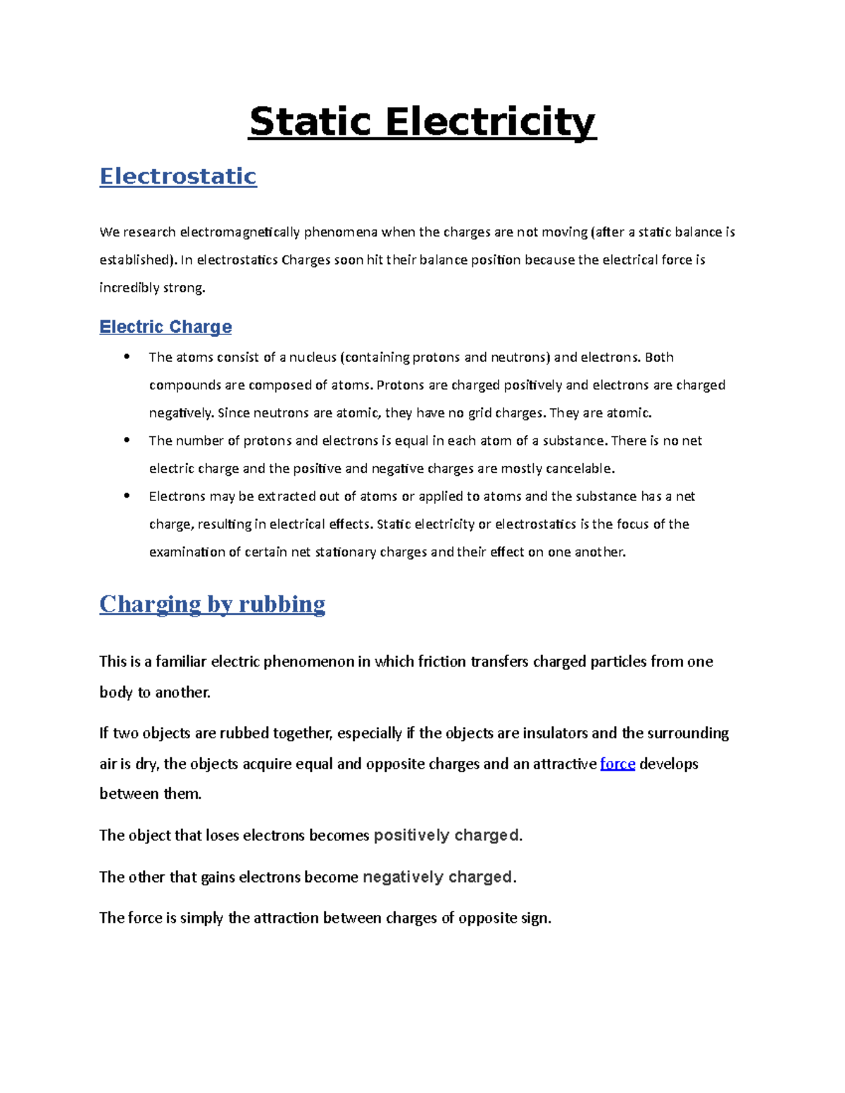 Static Electricity - O level notes for final - Static Electricity ...