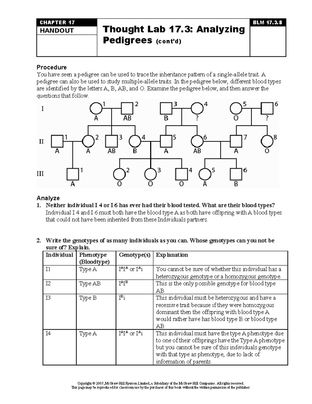 Thought Lab 17 - n n - Thought Lab 17: Analyzing Pedigrees (cont’d) HANDOUT Procedure You have ...