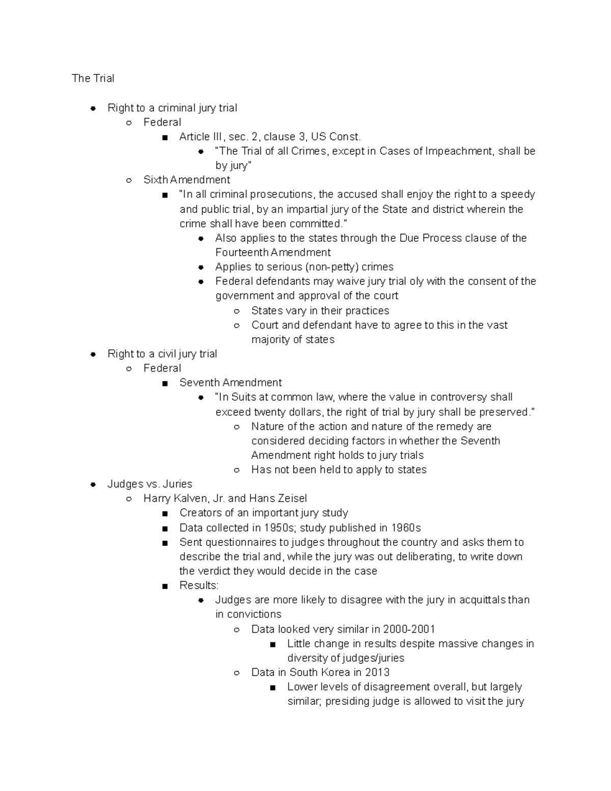 11/6/18 Lecture Notes - The Trial Right to a criminal jury trial ...