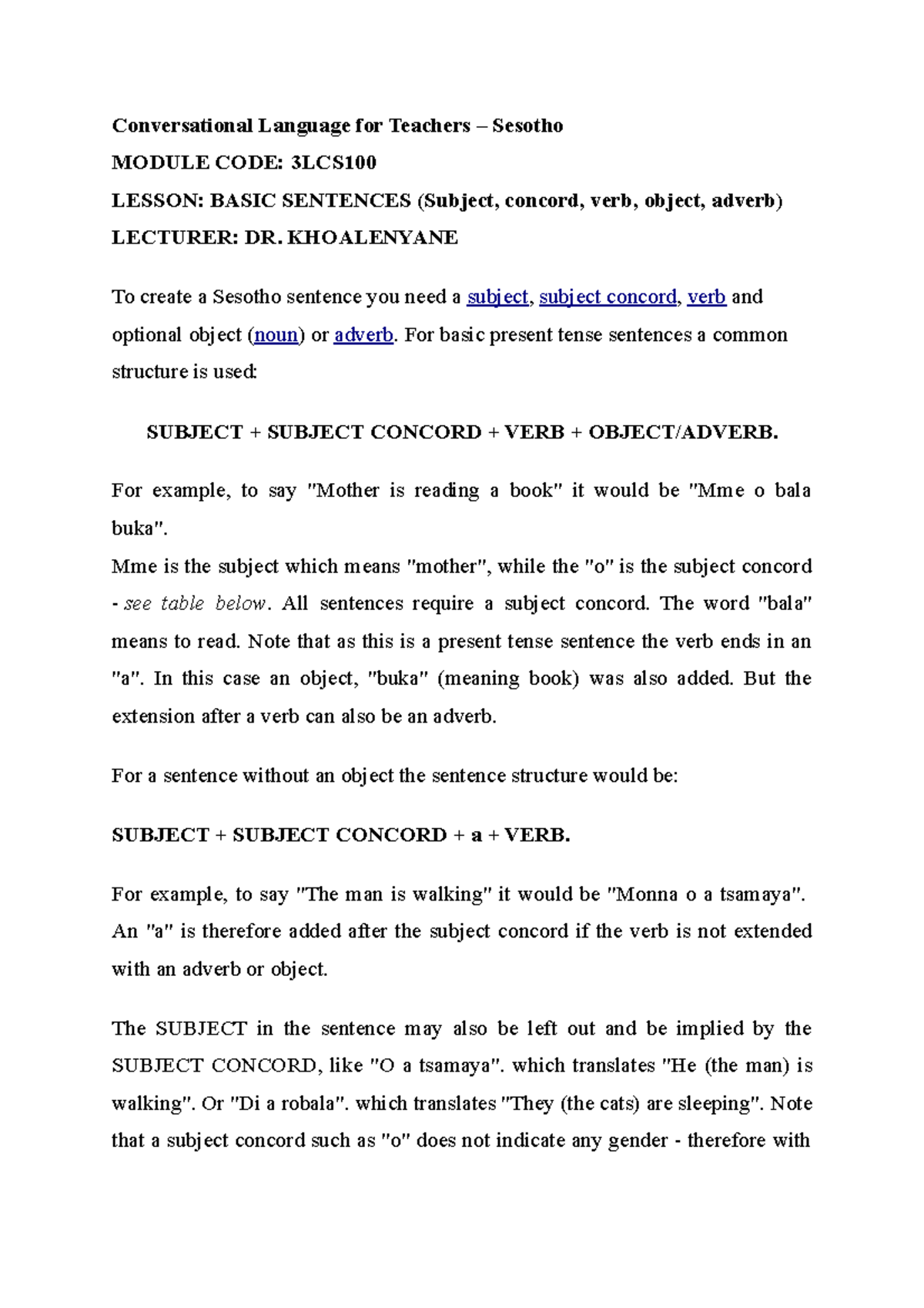 Subject, concord, verb, object, adverb - Conversational Language for ...