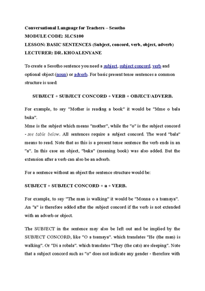 Linguistic Structure OF Sesotho (The System of Concords ...