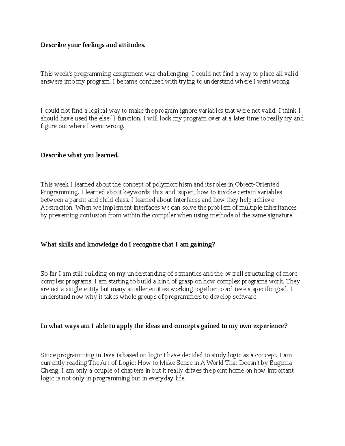 Learning journal Assignment for Unit 5 or Week 5 - Describe your ...