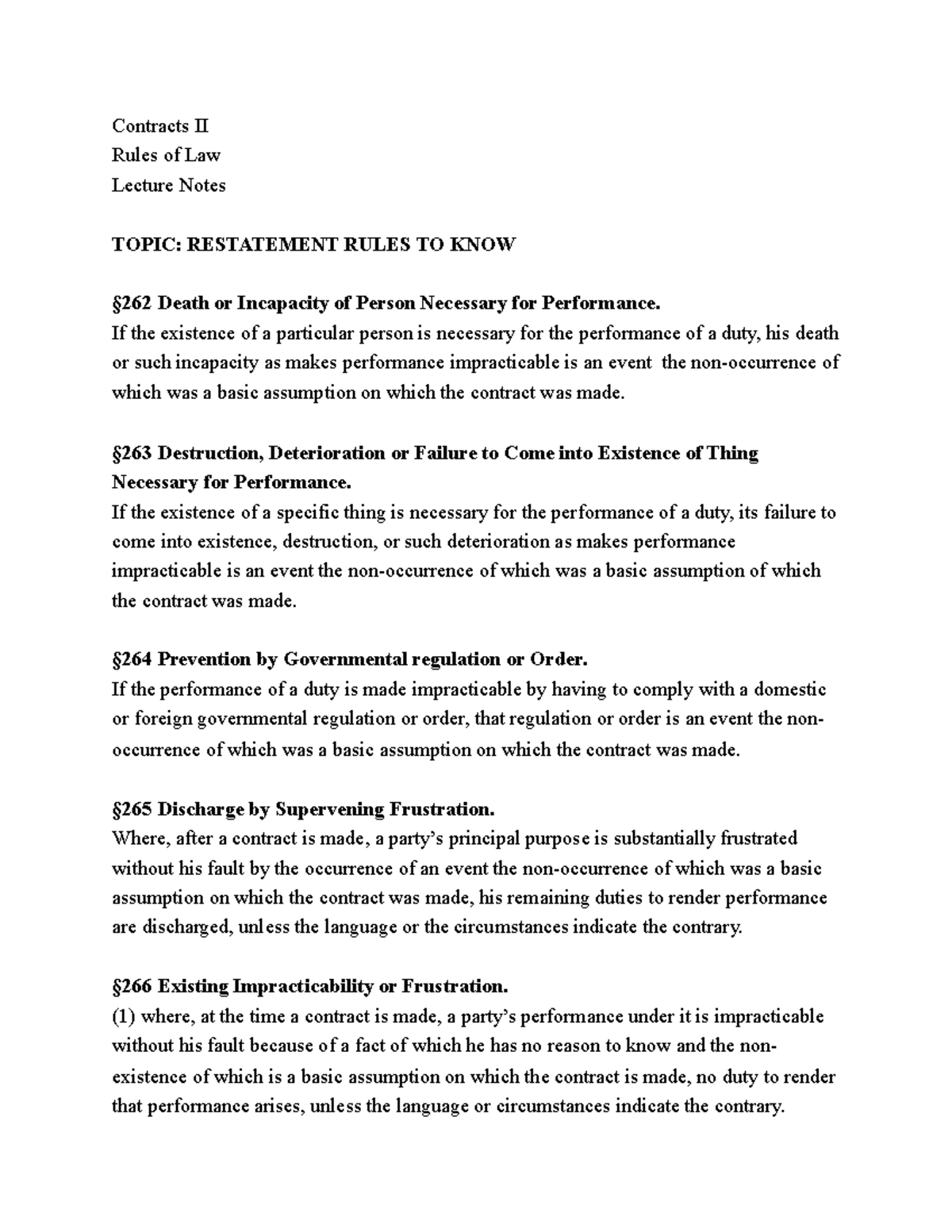 Restatement Rules TO KNOW - Contracts II Rules of Law Lecture Notes ...