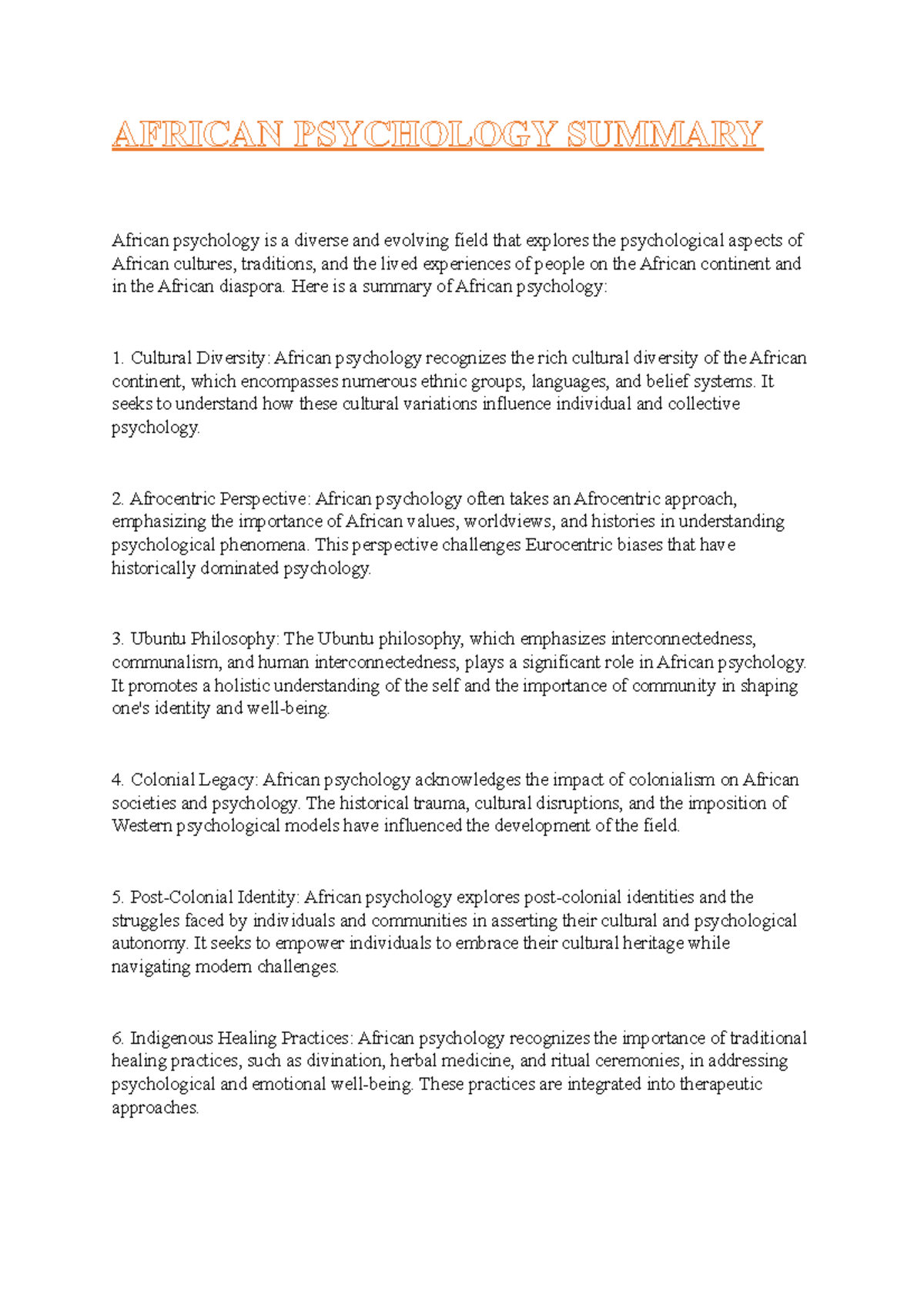 African Psychology Summary - AFRICAN PSYCHOLOGY SUMMARY African ...