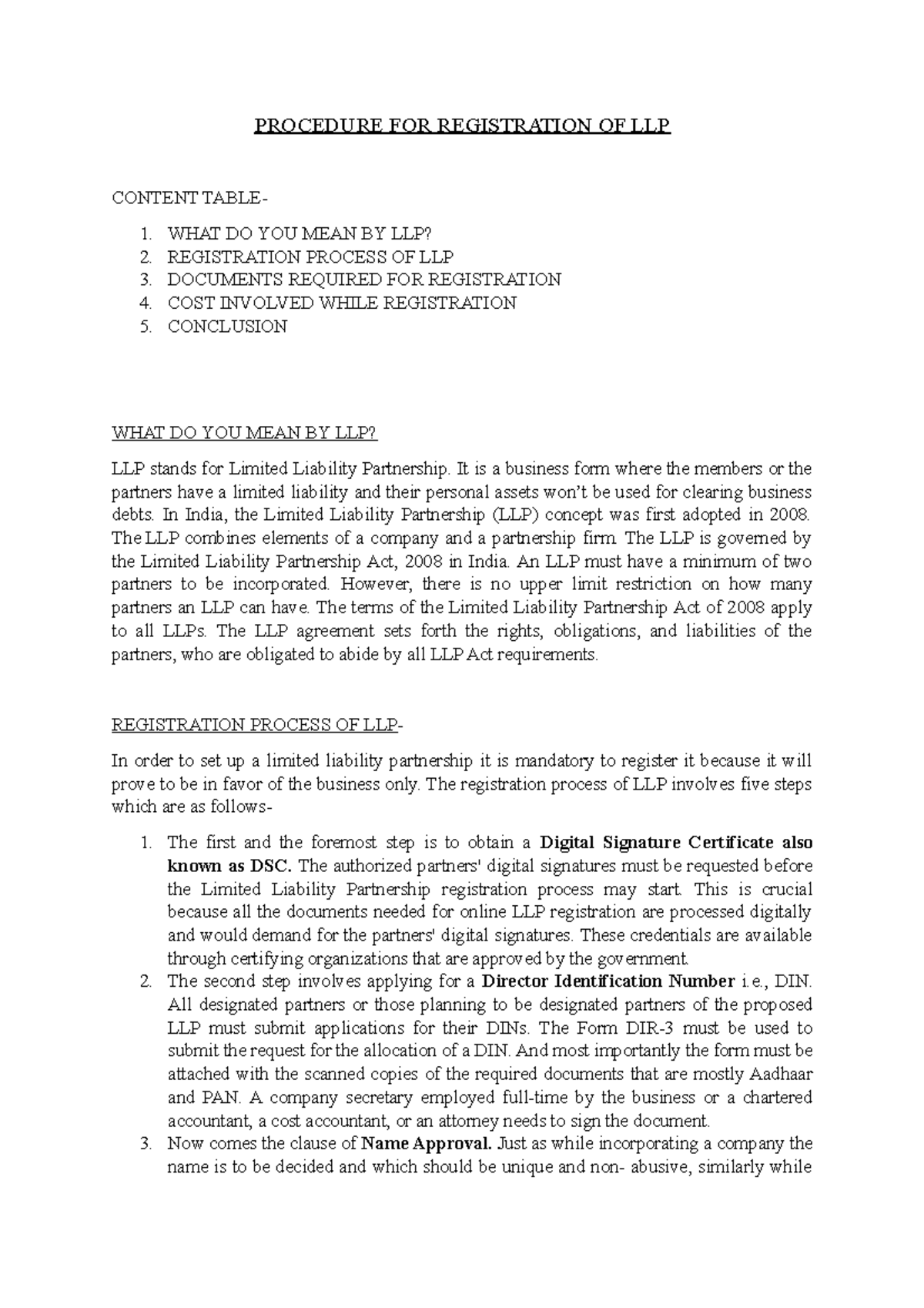 Procedure for registration of LLP - PROCEDURE FOR REGISTRATION OF LLP ...