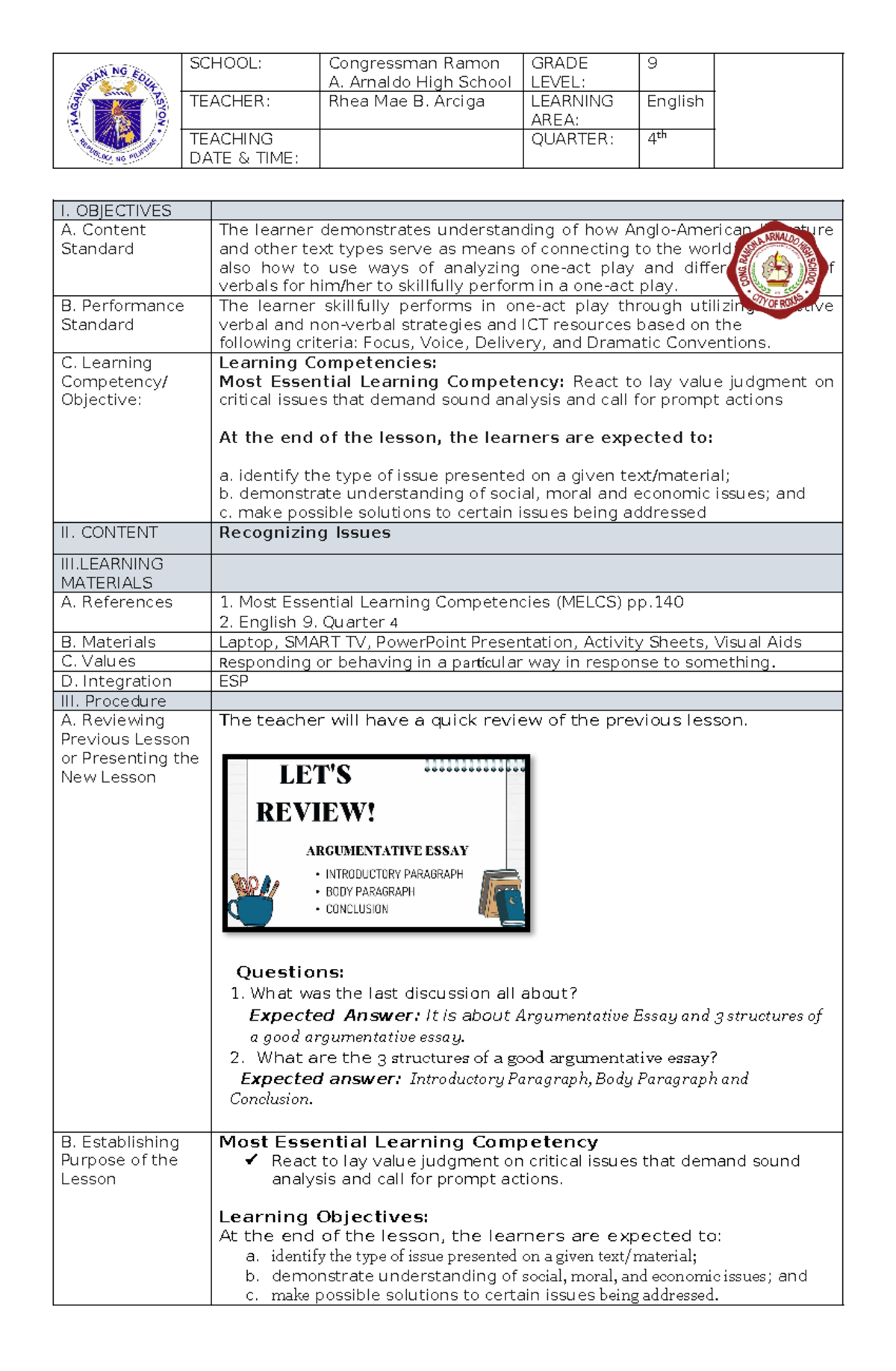 Arcigarevised dlp - SCHOOL: Congressman Ramon A. Arnaldo High School ...