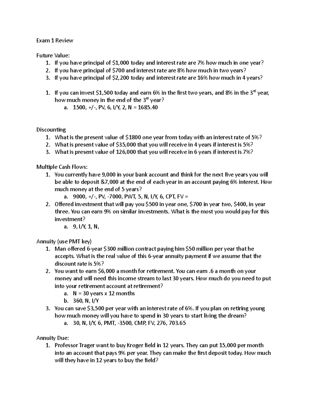 Test 1 Review - Professor: Peter Trager - Exam 1 Review Future Value: 1 ...