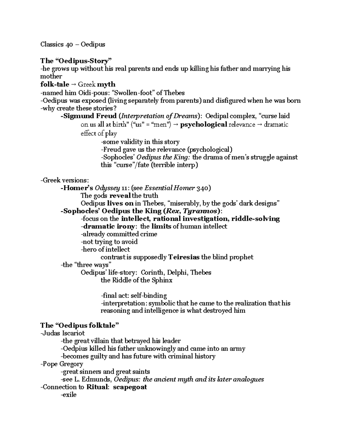 11/14 Lecture Notes - Classics 40 – Oedipus The “Oedipus-Story” -he ...
