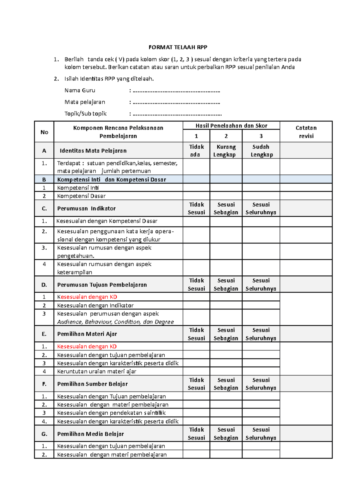 7 format telaah rpp - FORMAT TELAAH RPP Berilah tanda cek ( V) pada ...