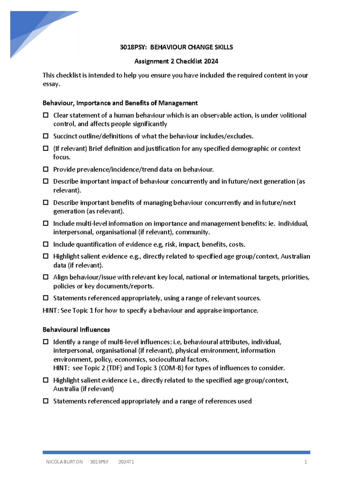 3018PSY Checklist - 3018PSY: BEHAVIOUR CHANGE SKILLS Assignment 2 Checklist 2024 This checklist ...