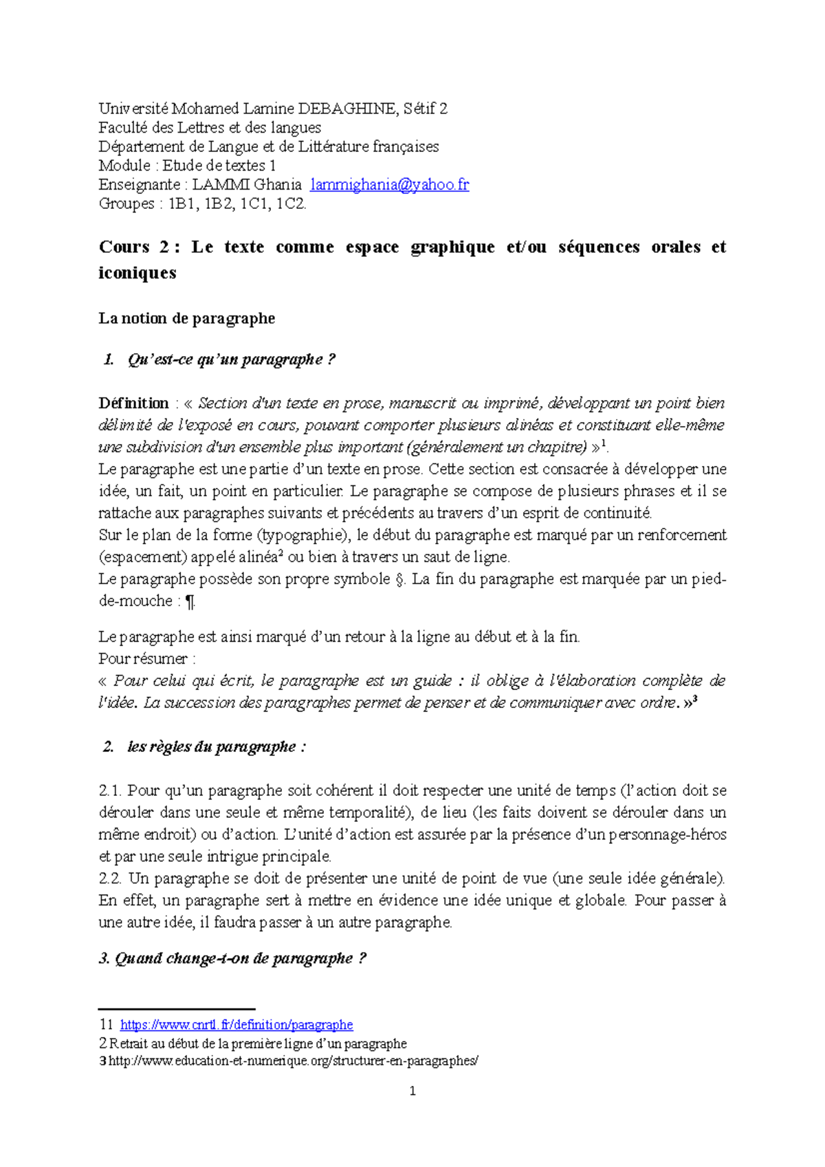 La notion de paragraphe - Université Mohamed Lamine DEBAGHINE, Sétif 2 ...