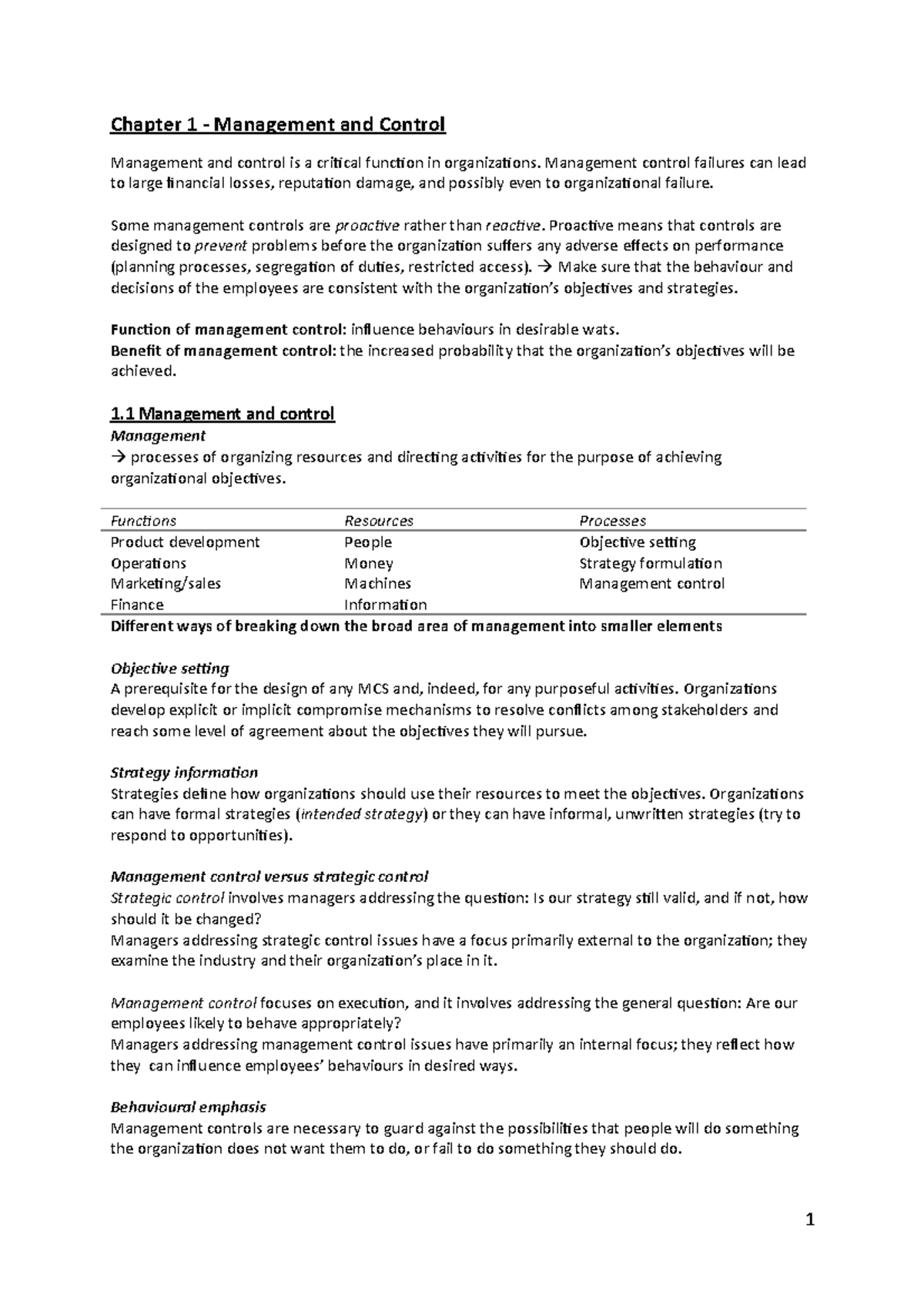 Chapter 1 - Summary management control - Chapter 1 Management and ...
