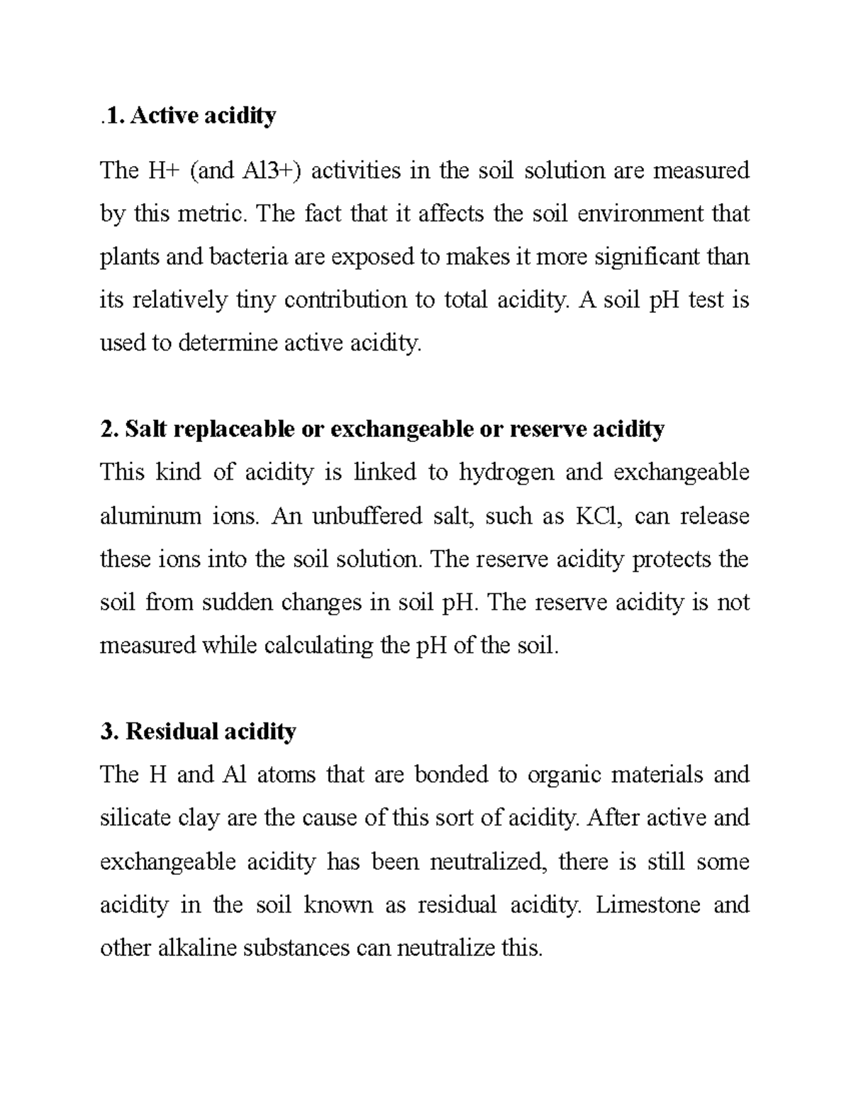 Assignment - practice materials - . 1. Active acidity The H+ (and Al3 ...