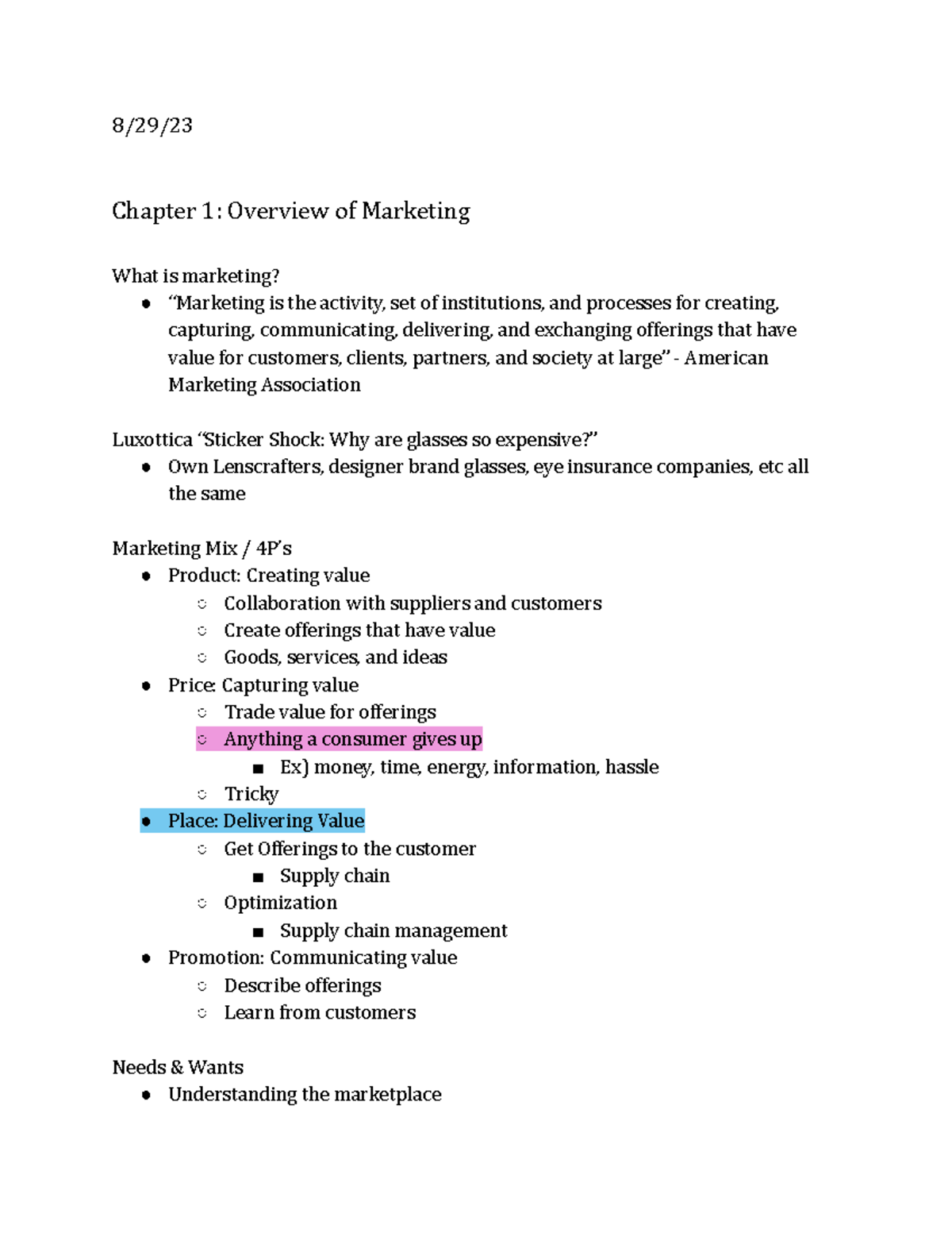 Marketing notes Exam 1 - 8/29/ Chapter 1: Overview of Marketing What is ...
