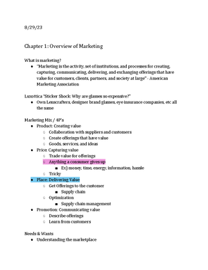 Exam 1 - Exam 1 study guide - Overview of Marketing Marketing: is the ...