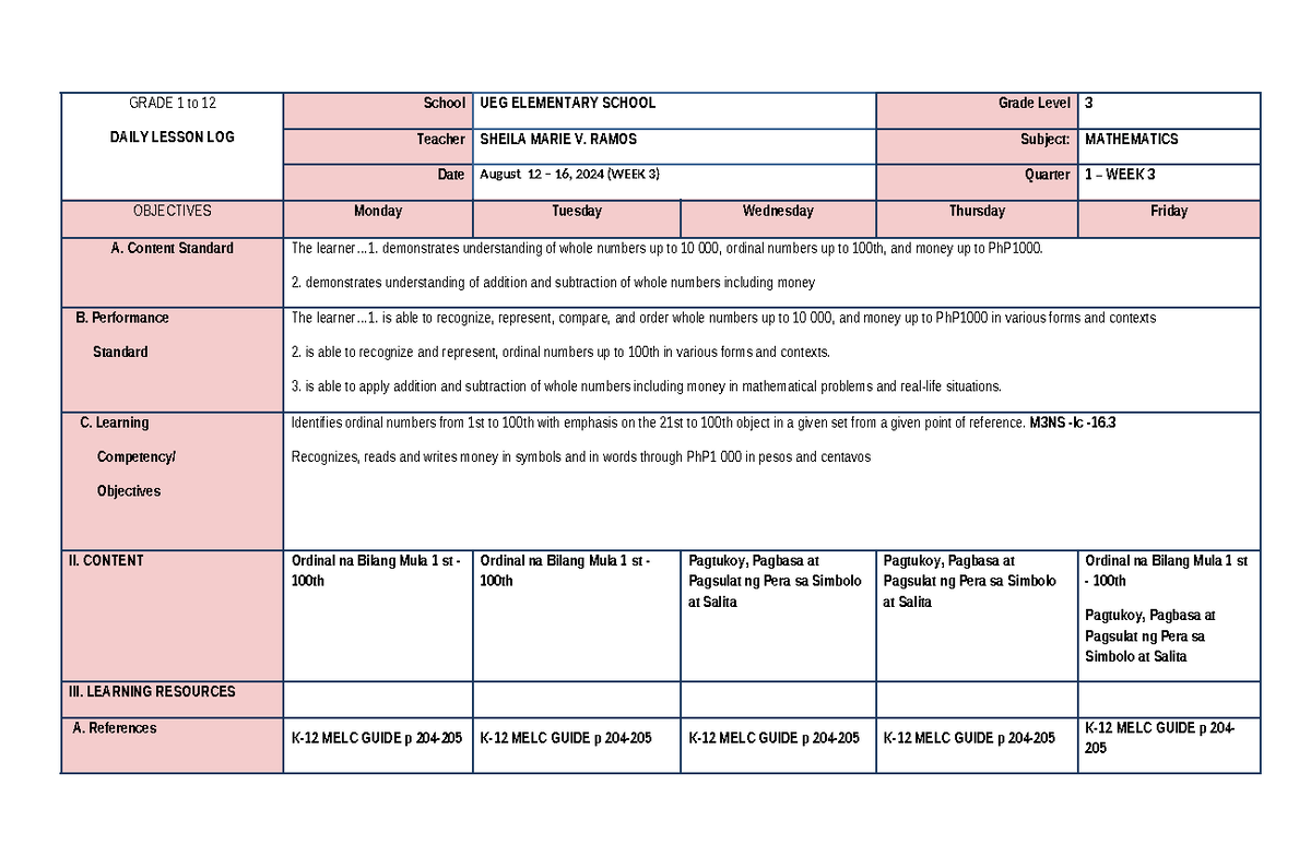 MATH Q1 - W3 - MATH DLL - GRADE 1 to 12 DAILY LESSON LOG School UEG ...