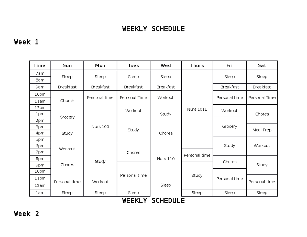 Personal Education Plan - WEEKLY SCHEDULE Week 1 WEEKLY SCHEDULE Time ...