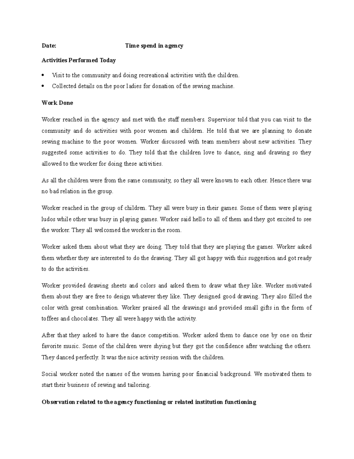 20Field Work Day 20 - Date: Time spend in agency Activities Performed ...