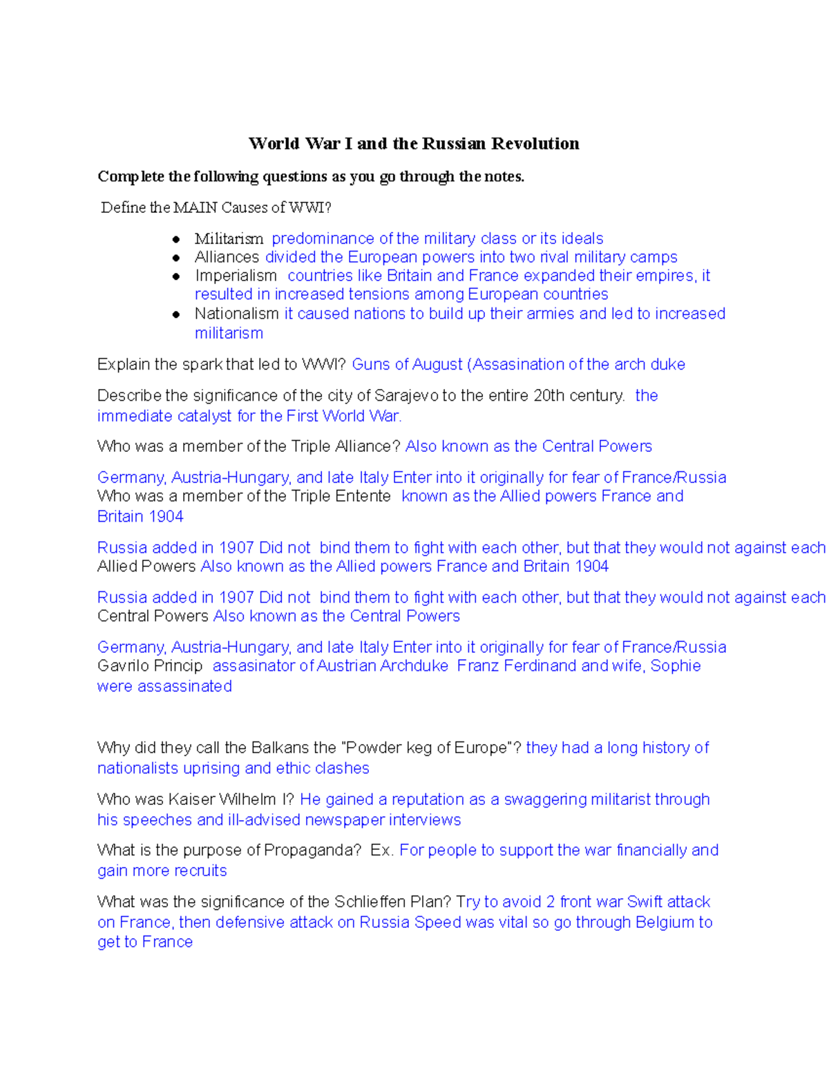 WWI and Russia Guided Notes Hugh Du Pre - World War I and the Russian ...