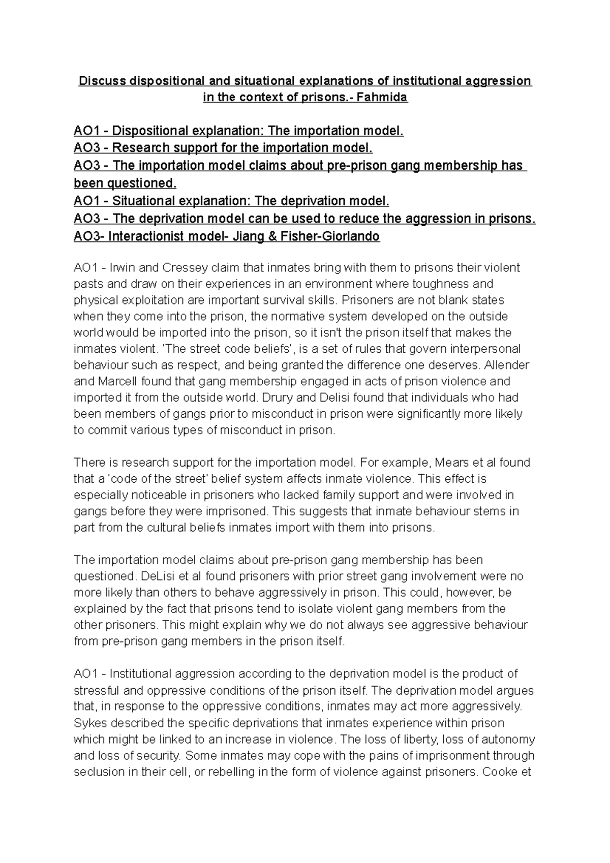 Dispositional and situational explanations of institutional aggression ...