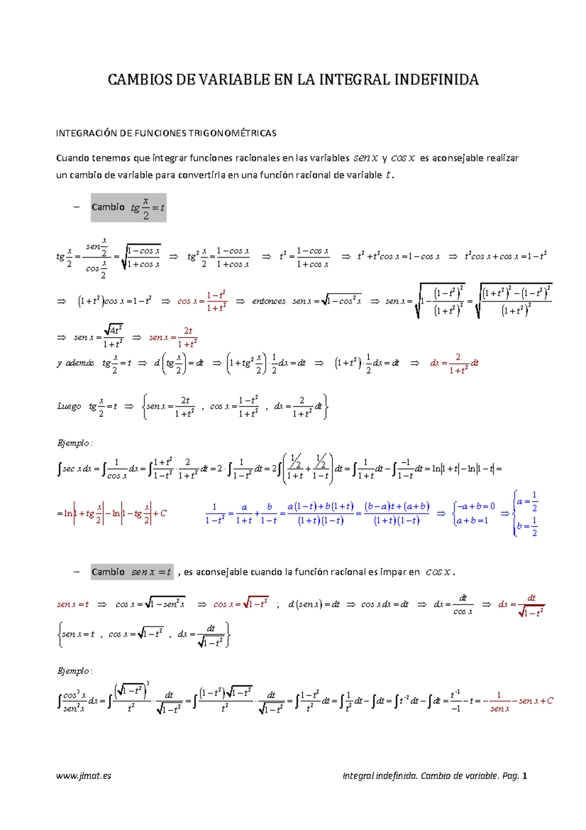 Cambios integral - jlmat Integral indefinida. Cambio de variable. Pag. 1 CCAAMMBBIIOOSS DDEE ...