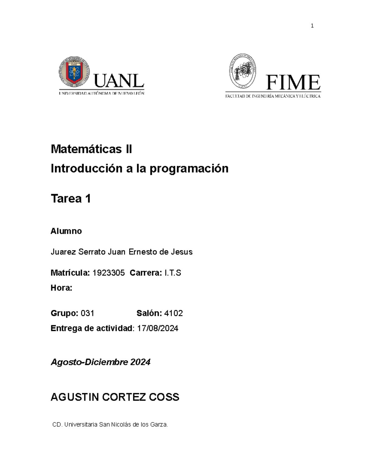 Tara 1 PE - Tarea - 1 Matemáticas II Introducción a la programación Tarea 1 Alumno Juarez ...