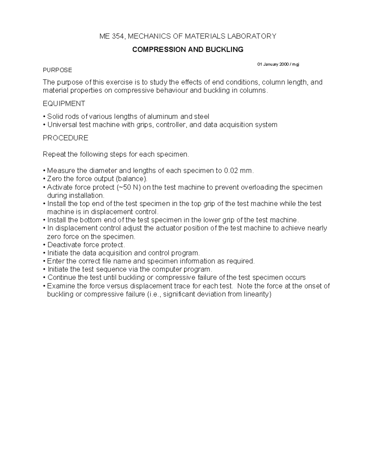 me 354 - Lab handout 8 - ME 354, MECHANICS OF MATERIALS LABORATORY ...