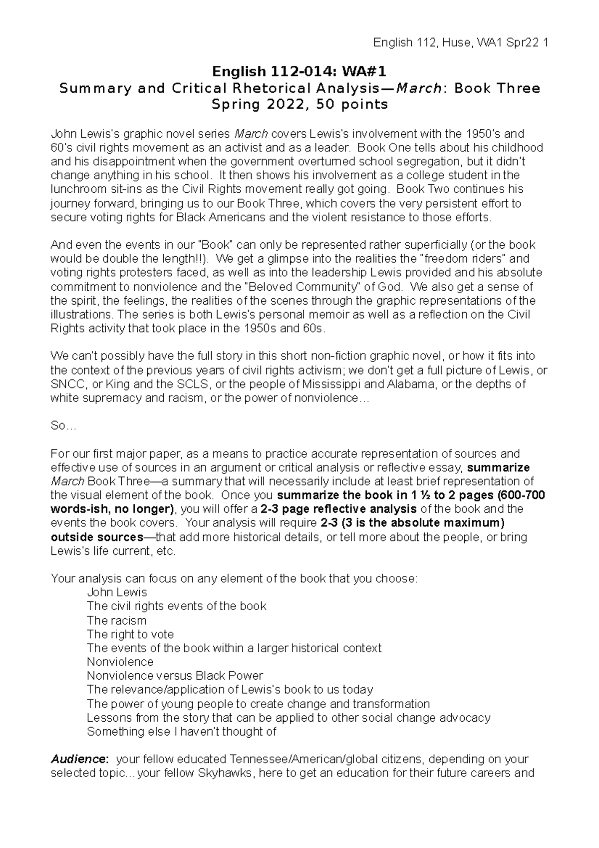 March Book Summary - English 112, Huse, WA1 Spr22 1 English 112-014: WA ...